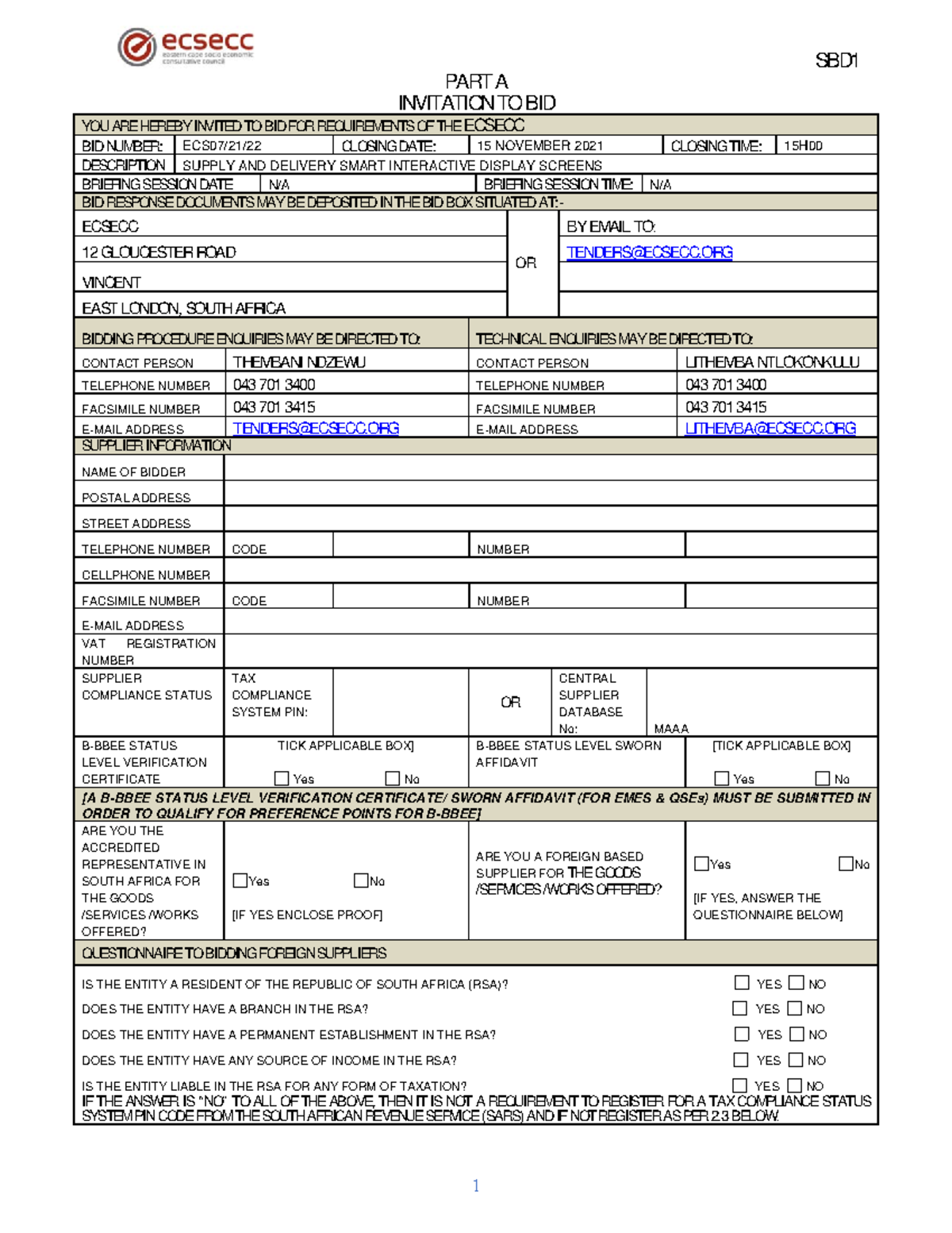 SBD 1 Smart Interactive Screens - SBD 1 PART A INVITATION TO BID YOU ...