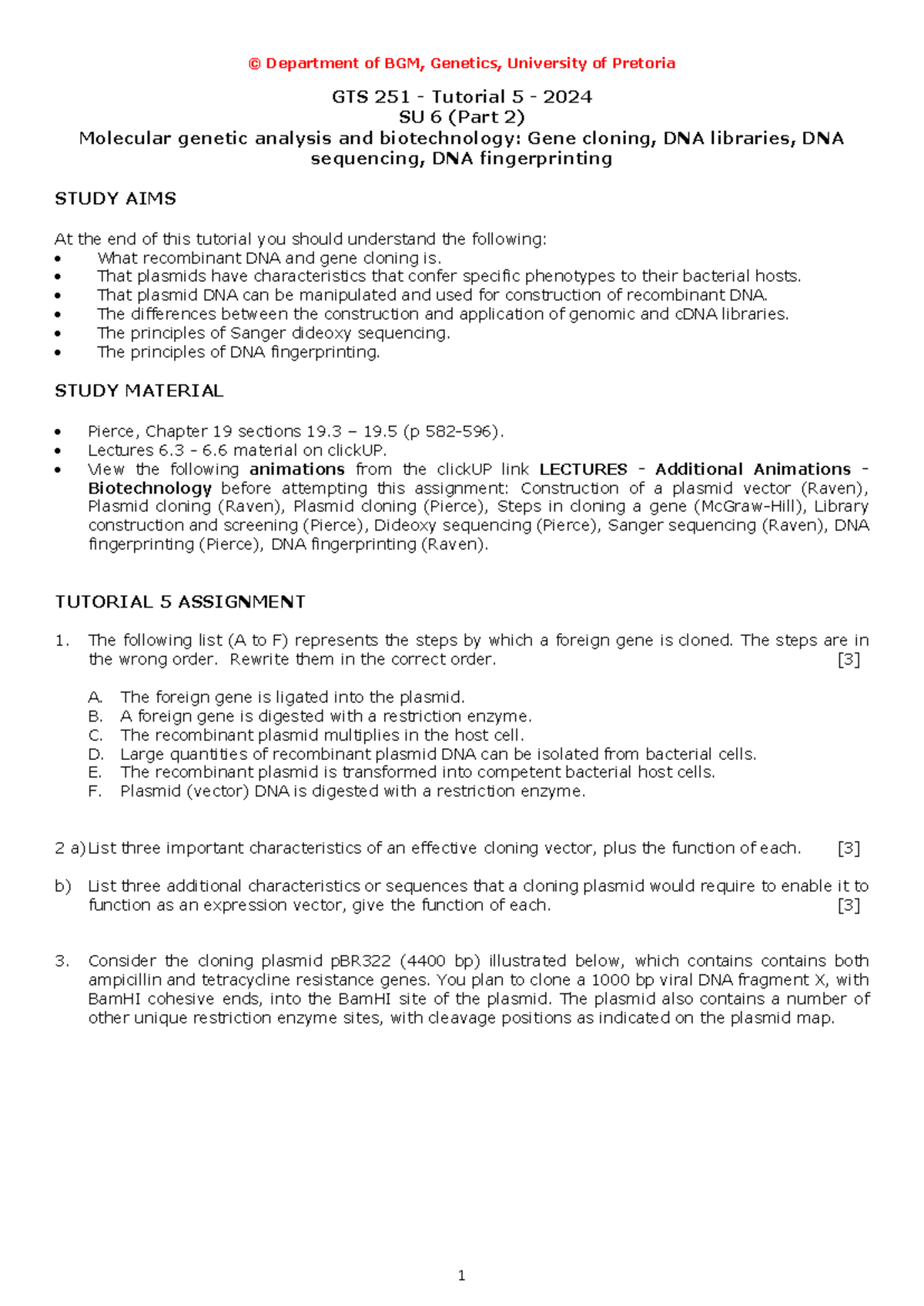 Tutorial 5 Assignment SU 6 2024 - © Department of BGM, Genetics ...
