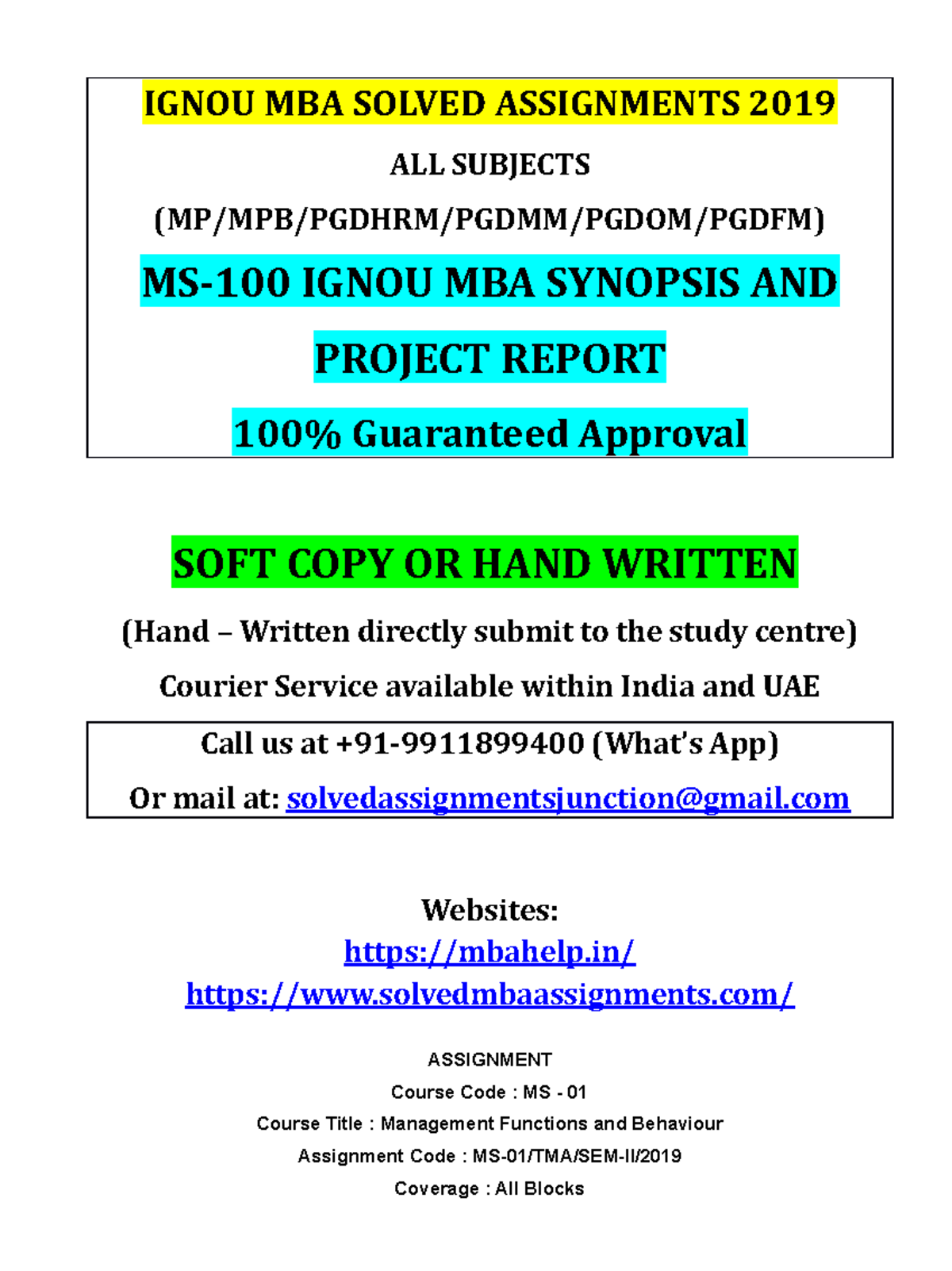 MS-01 Management Functions and Behaviour JULY 2019 - IGNOU MBA SOLVED ASSIGNMENTS 2019 ALL ...