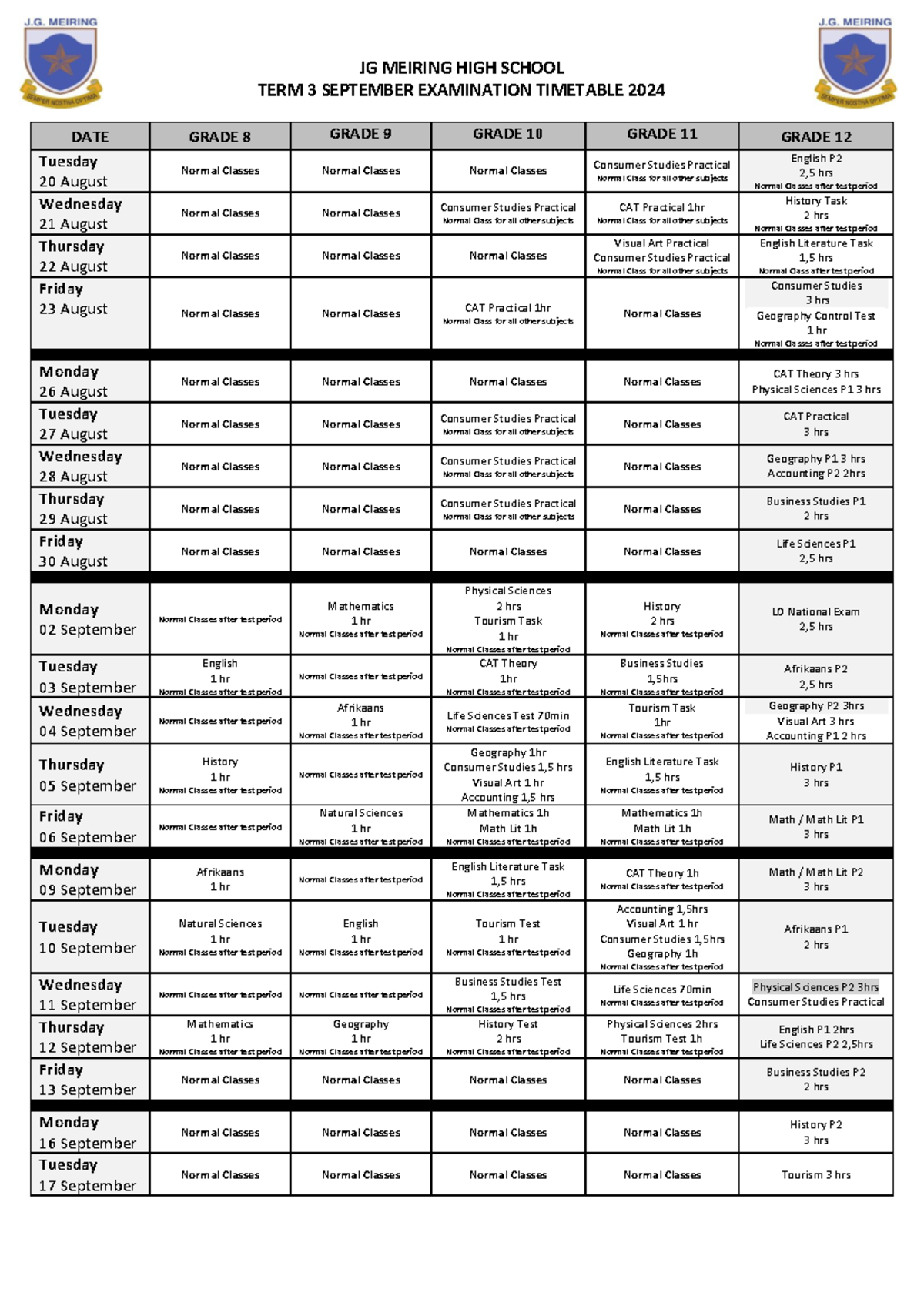 Term 3 Examination Timetable 2024 - JG MEIRING HIGH SCHOOL TERM 3 ...