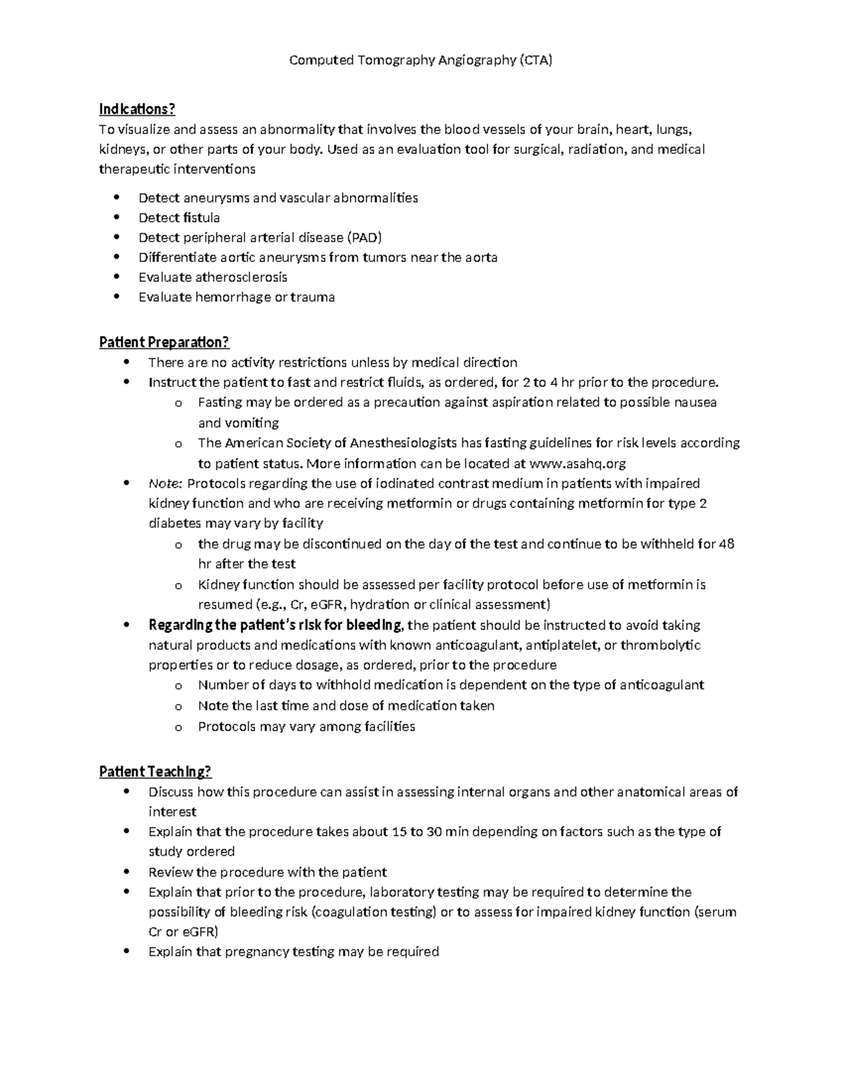 CTA - Bootcamp Prep Assignment - ED - Computed Tomography Angiography (CTA) Indications? To ...