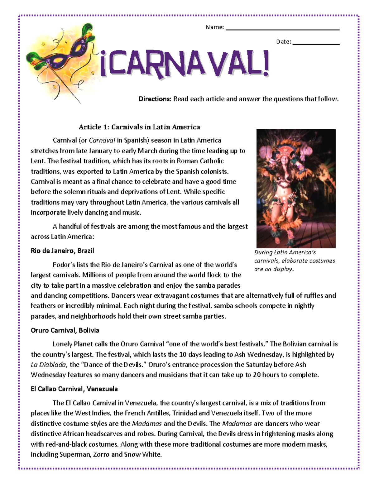 Carnaval Reading - tsd - During Latin America's carnivals, elaborate ...