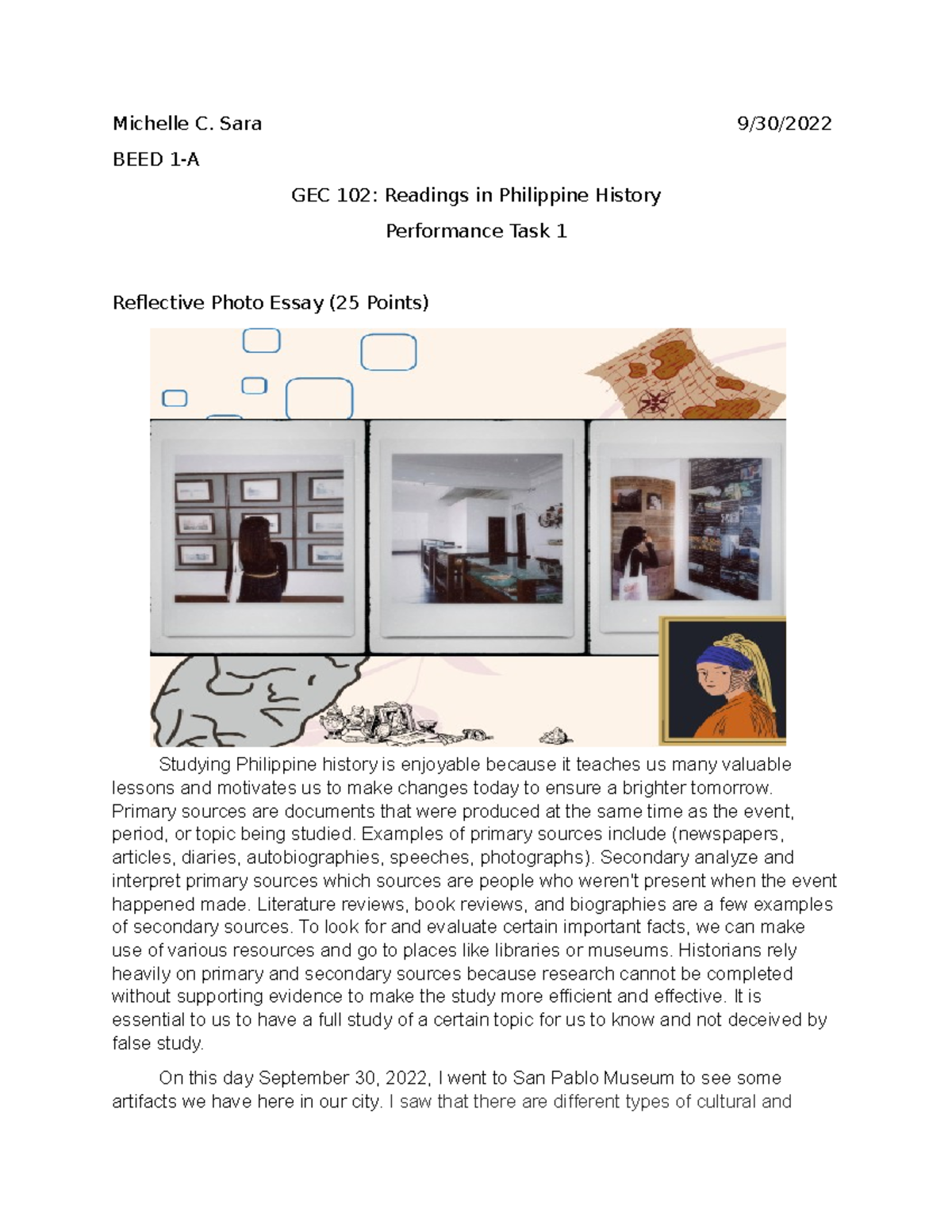 History reflection - sana makatulong - Michelle C. Sara 9/30/ BEED 1-A ...
