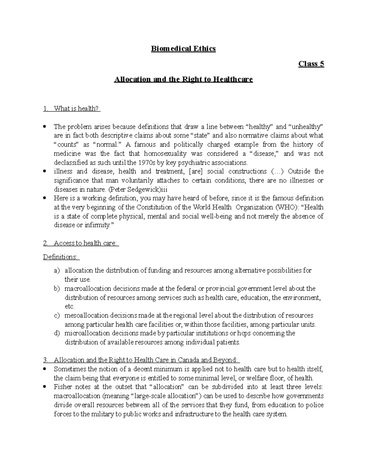 Biomedical Ethics class 5 - Biomedical Ethics Class 5 Allocation and ...