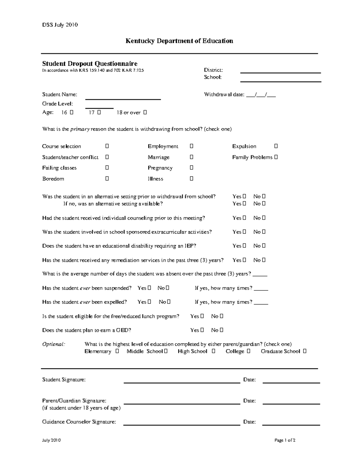 Dropout questionnaire - DSS July 2010 July 2010 Page 1 of 2 Kentucky ...