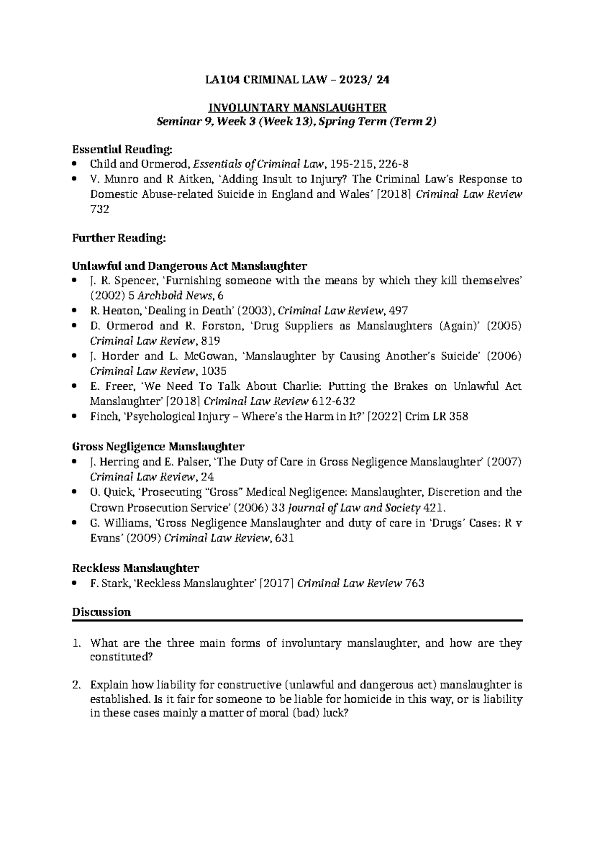 Involuntary Manslaughter - LA104 CRIMINAL LAW – 2023/ 24 INVOLUNTARY MANSLAUGHTER Seminar 9 ...