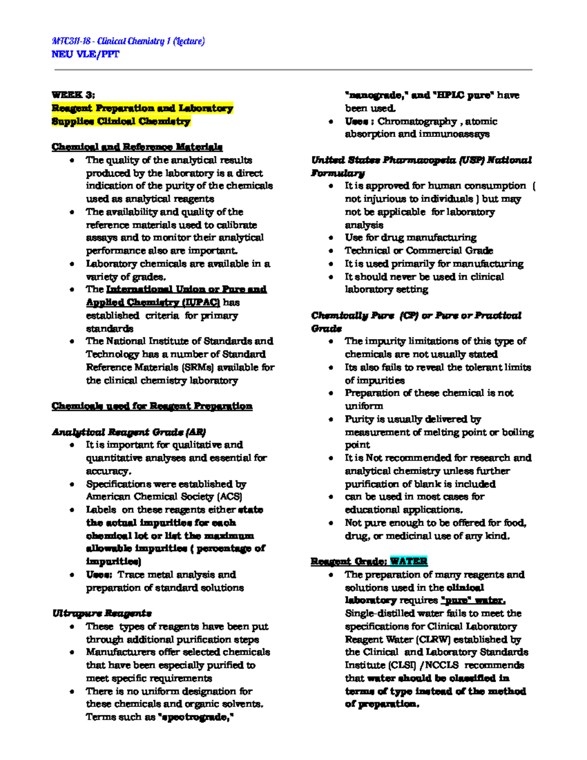 CC LEC-WEEK 3 - Reagent Preparation and Laboratory Supplies Clinical ...