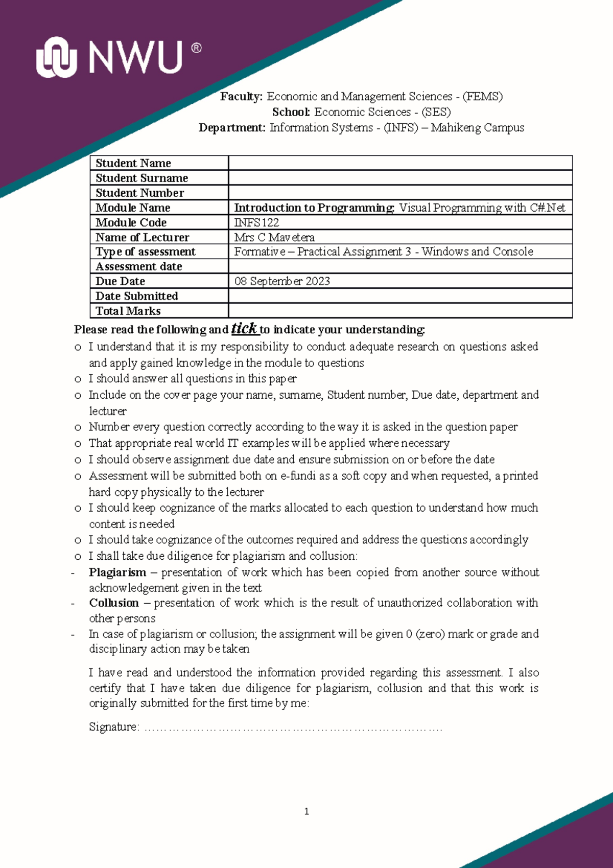 8Sept2023 INFS122 Practical Assgn 3 - Faculty: Economic and Management Sciences - (FEMS) School ...