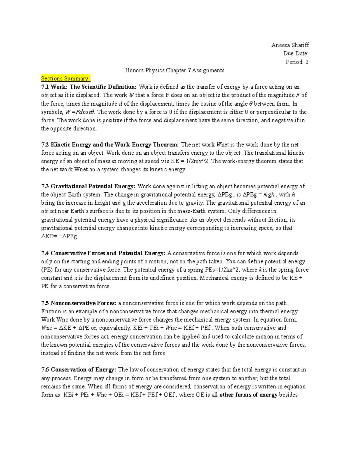 Physics Chapter 7 Assignments - Aneesa Shariff Due Date: Period: 2 ...