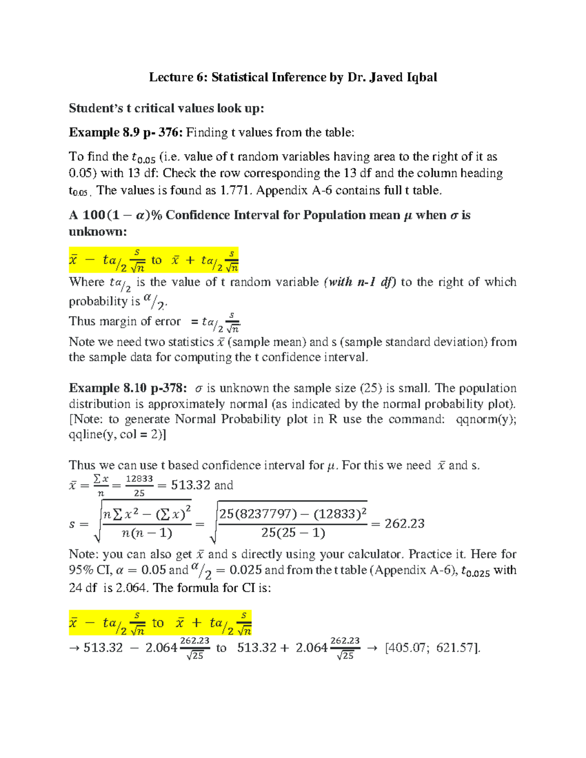 Lecture 6 - practise questions - Lecture 6: Statistical Inference by Dr ...
