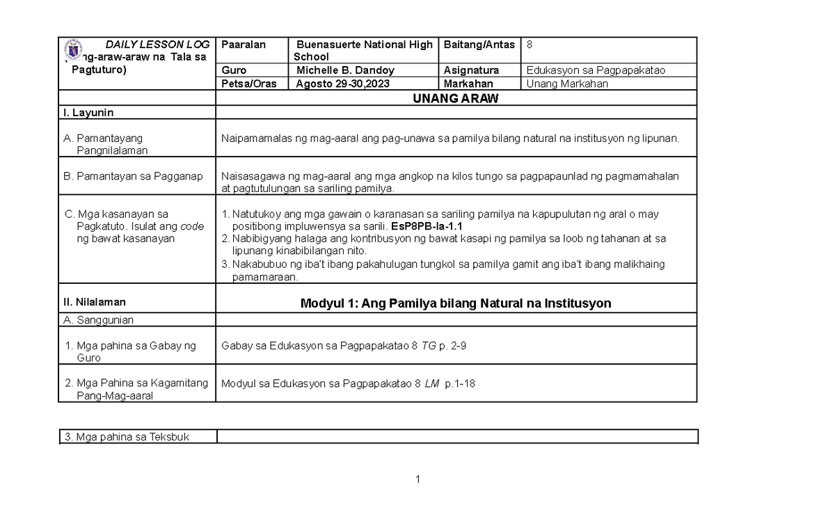 Week 1 to week 2 - FIL 7 - Mga pahina sa Teksbuk DAILY LESSON LOG (Pang ...