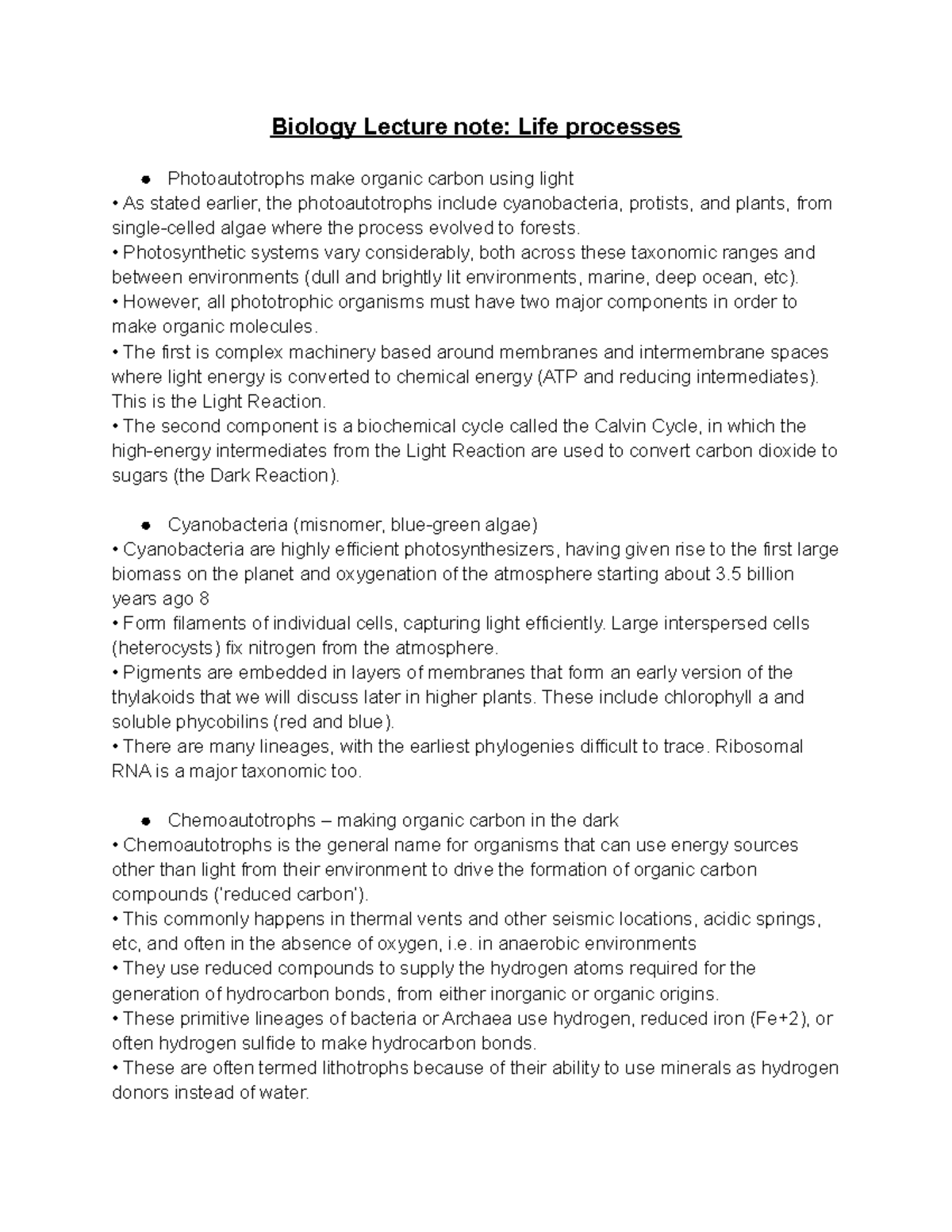 Lecture notes for Biology Life processes - Biology Lecture note: Life ...