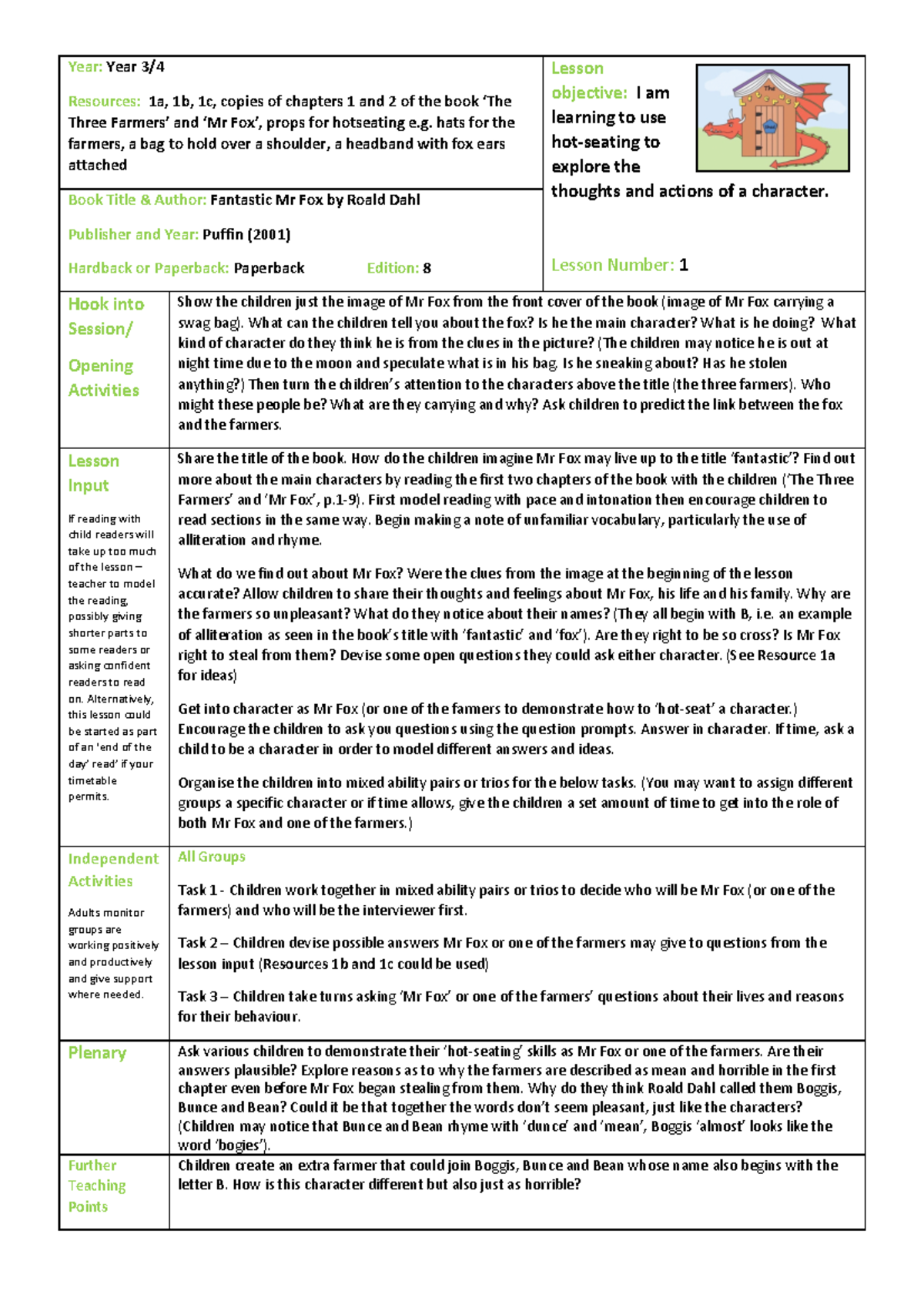 Fantastic Mr Fox by Roald Dahl 7-9 - Lesson Planning - Year: Year 3 ...