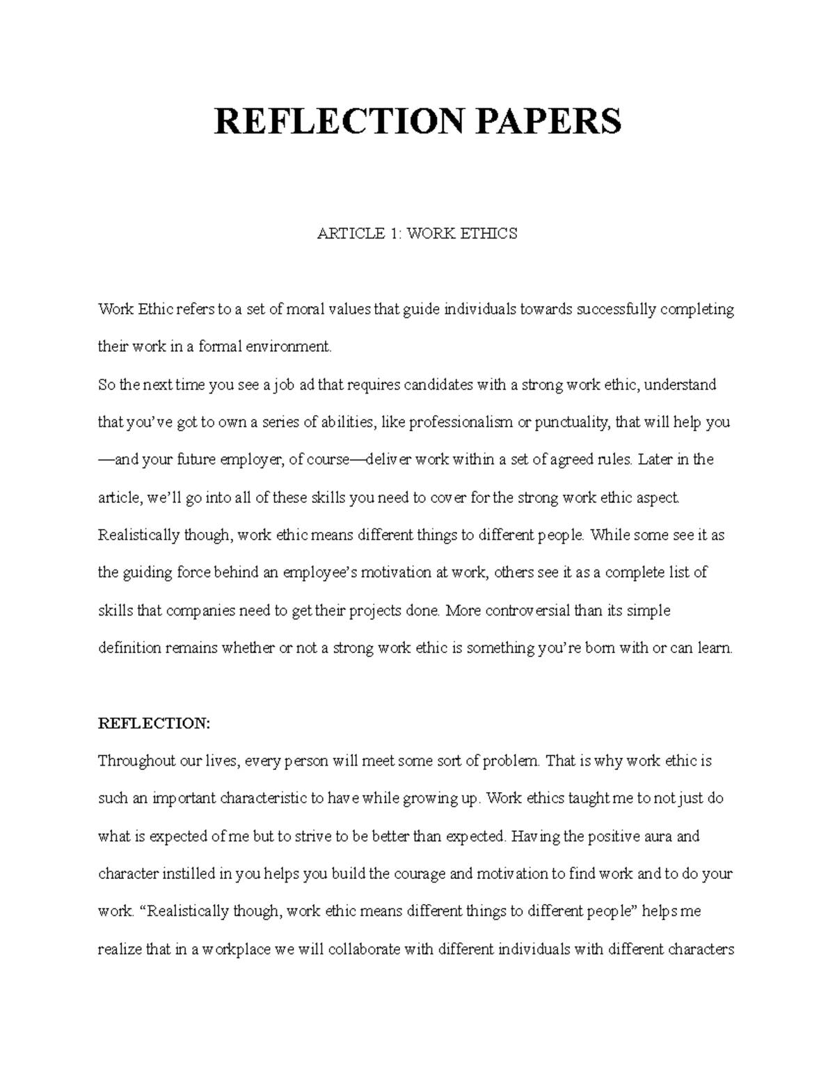 Janna martin reflection paper - REFLECTION PAPERS ARTICLE 1: WORK ...