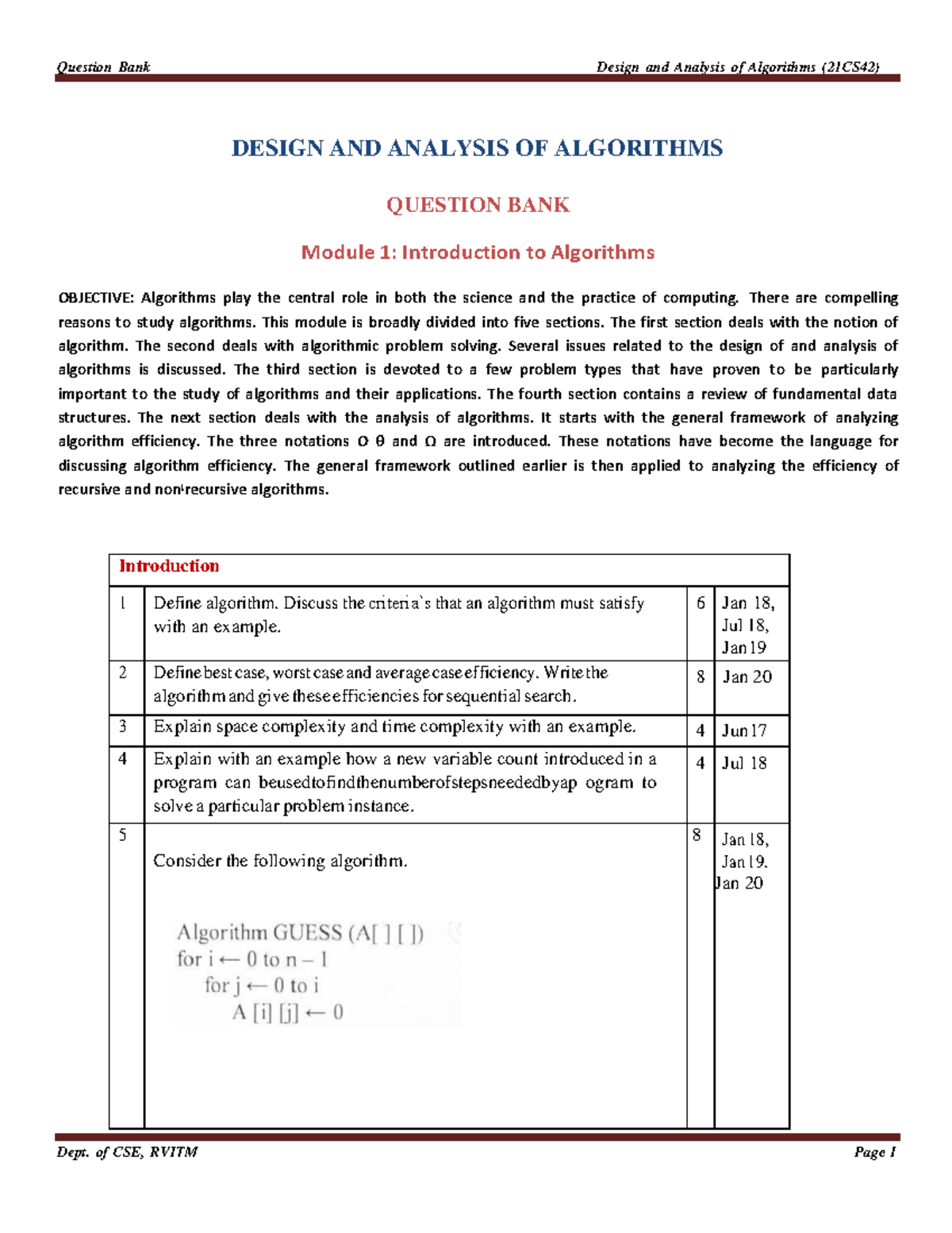 Algorithms Question Bank Module 1 Design And Analysis Of Algorithms Question Bank Module 1