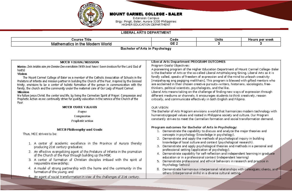 GE 2 Mathematics - MATH - Extension Campus Brgy. Pingit, Baler, Aurora ...