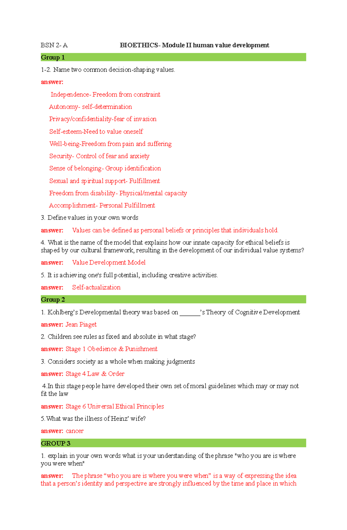 Human value development anskey - BSN 2- A BIOETHICS- Module II human ...