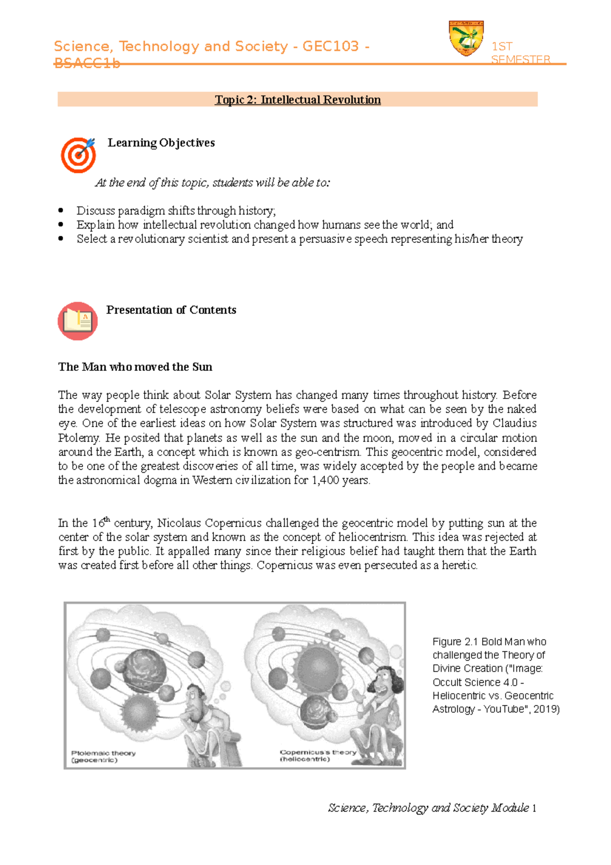 Topic 2 - sts - Topic 2: Intellectual Revolution Learning Objectives At ...