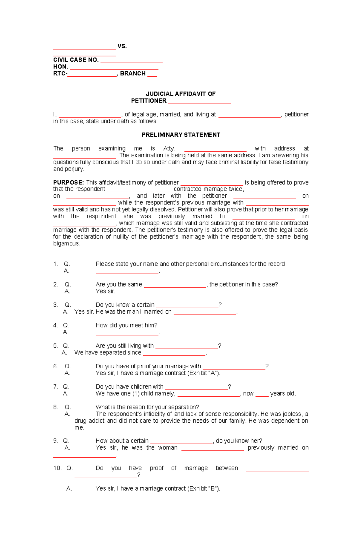 Sample Judicial Affidavit - ___________________ VS ...