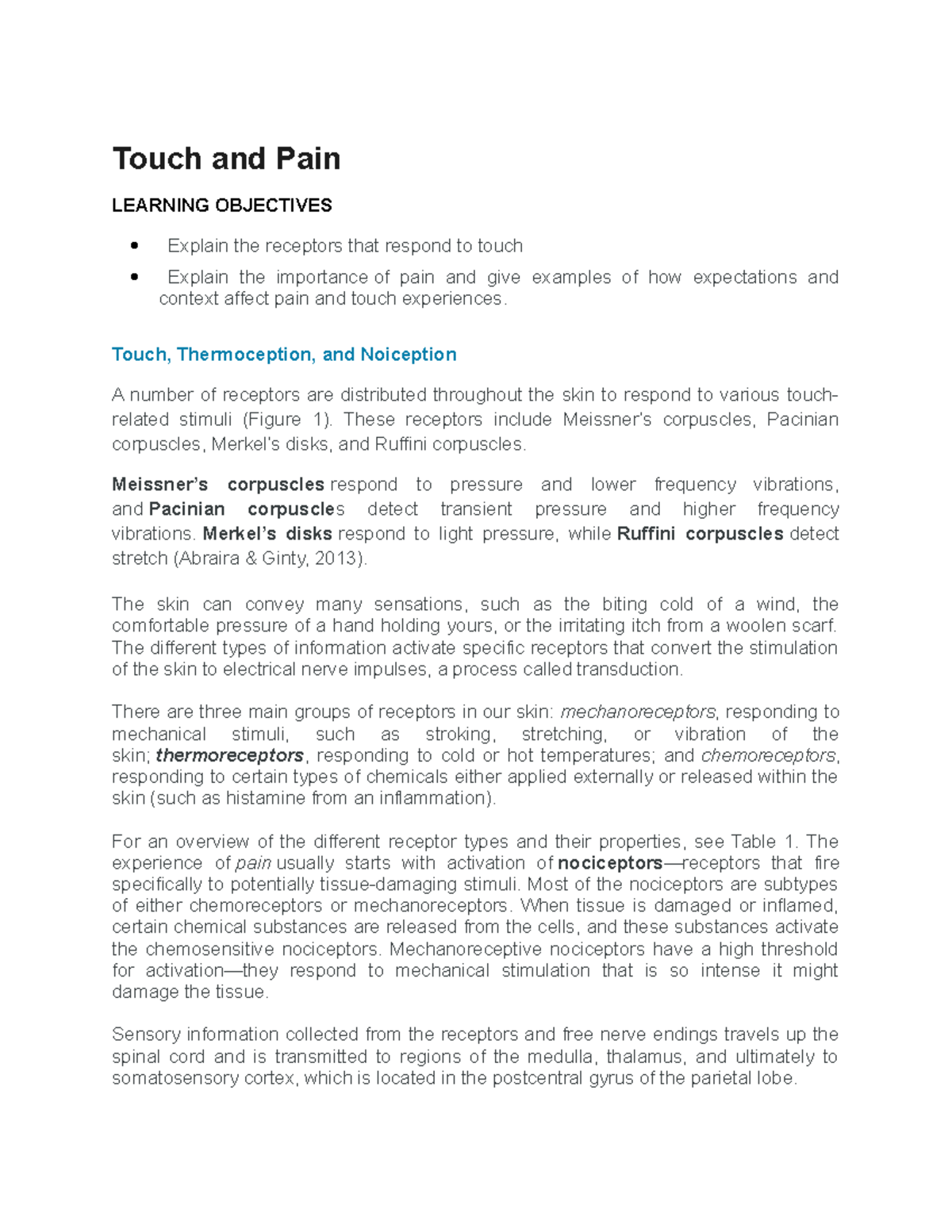 Touch and Pain - Touch and Pain LEARNING OBJECTIVES Explain the ...
