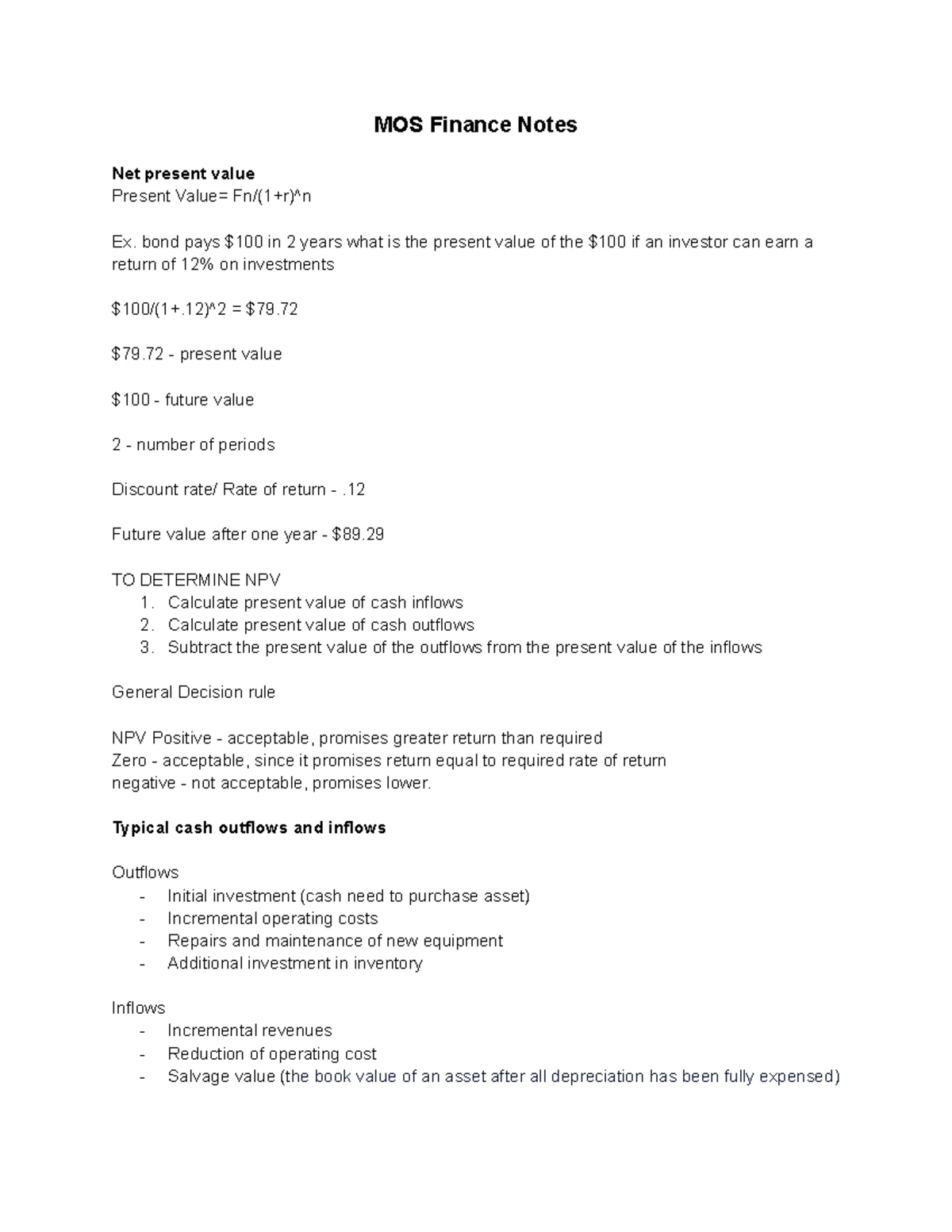 MOS Finance Notes - MOS Finance Notes Net present value Present Value ...