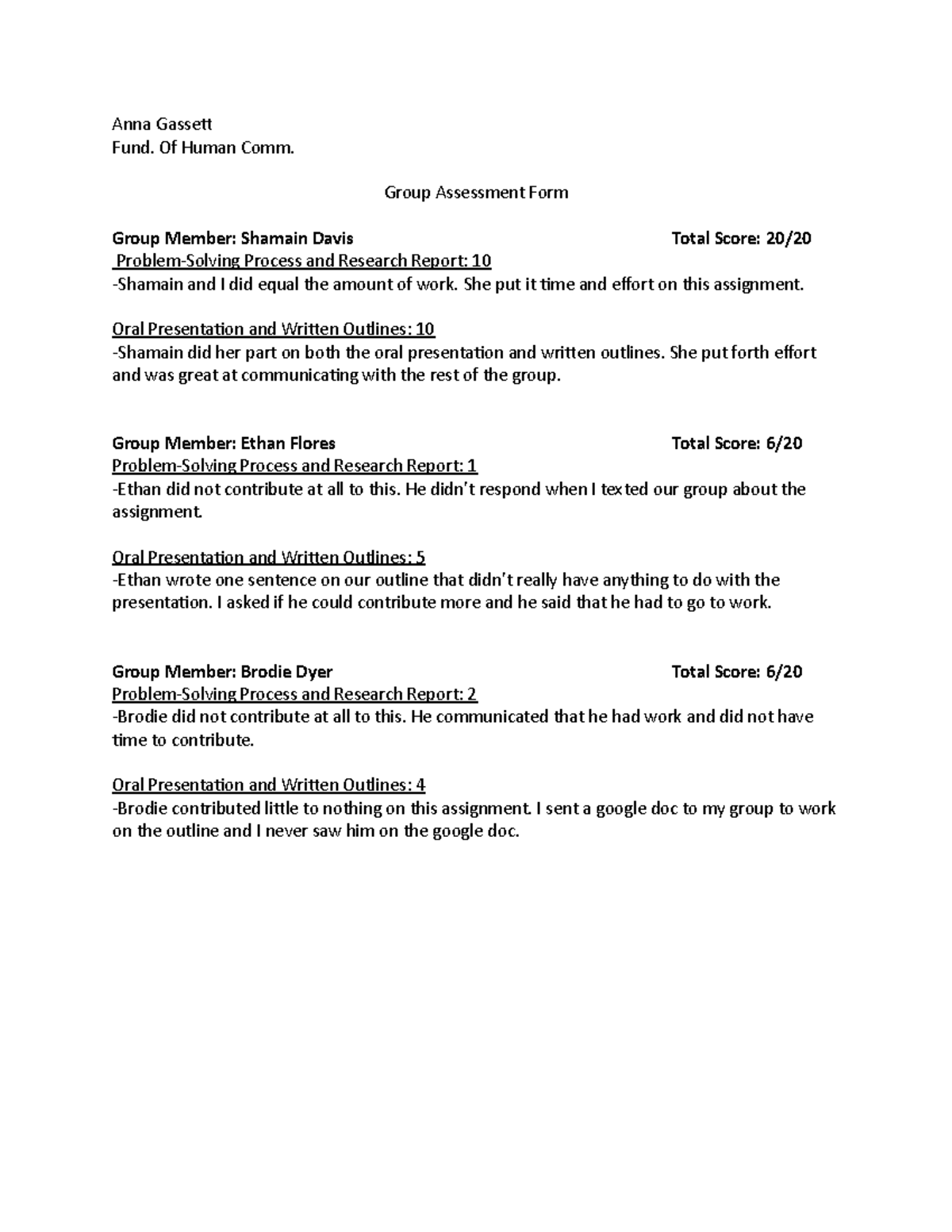 Group Assessment Form - assignment - Anna Gasset Fund. Of Human Comm ...