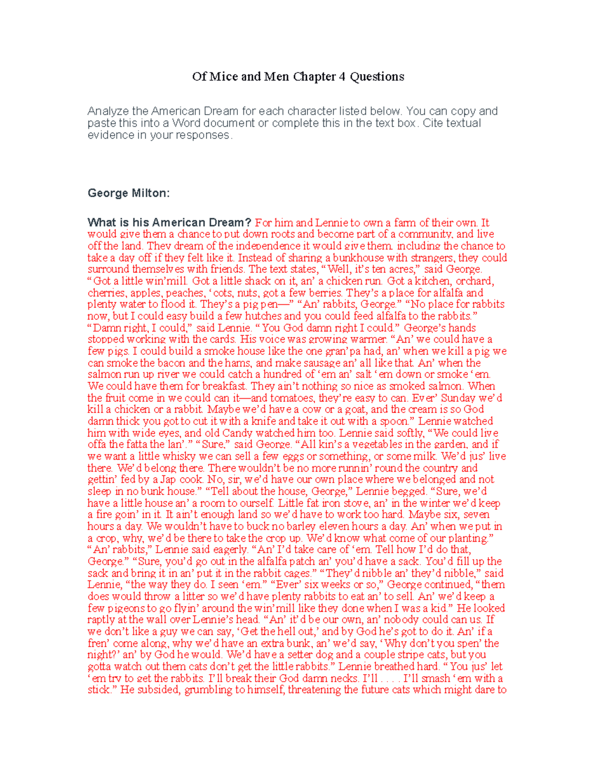 Of Mice and Men Chapter 4 MLA Questions - Of Mice and Men Chapter 4 ...