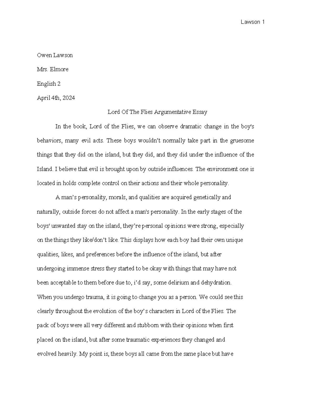 Owen Lawson - Argumentative Rough Draft - Owen Lawson Mrs. Elmore ...