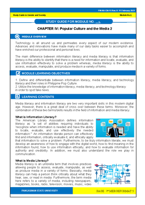 GEE 3 Module 6 Popular Culture in the Philippines through Theoritical Lens - STUDY GUIDE FOR ...