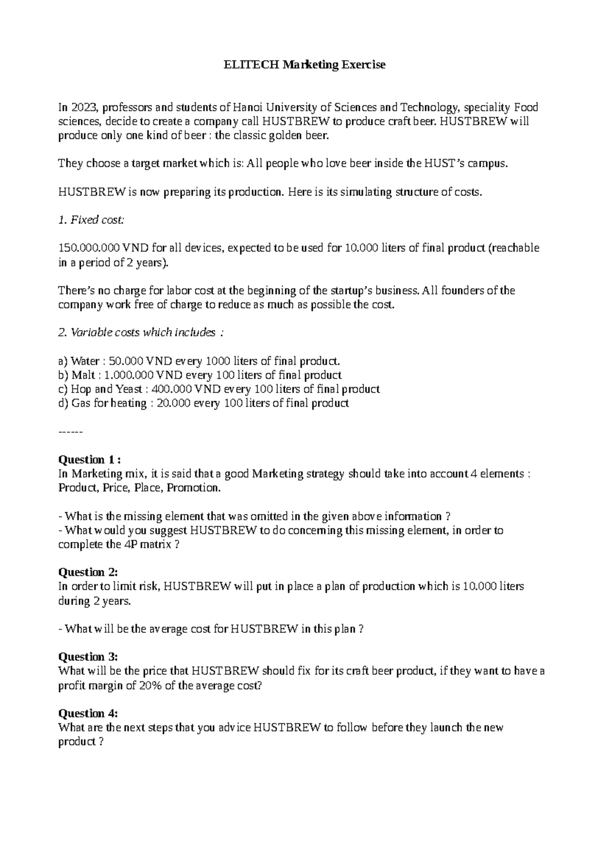 Exercise Elitech Nov 23 - ELITECH Marketing Exercise In 2023 ...