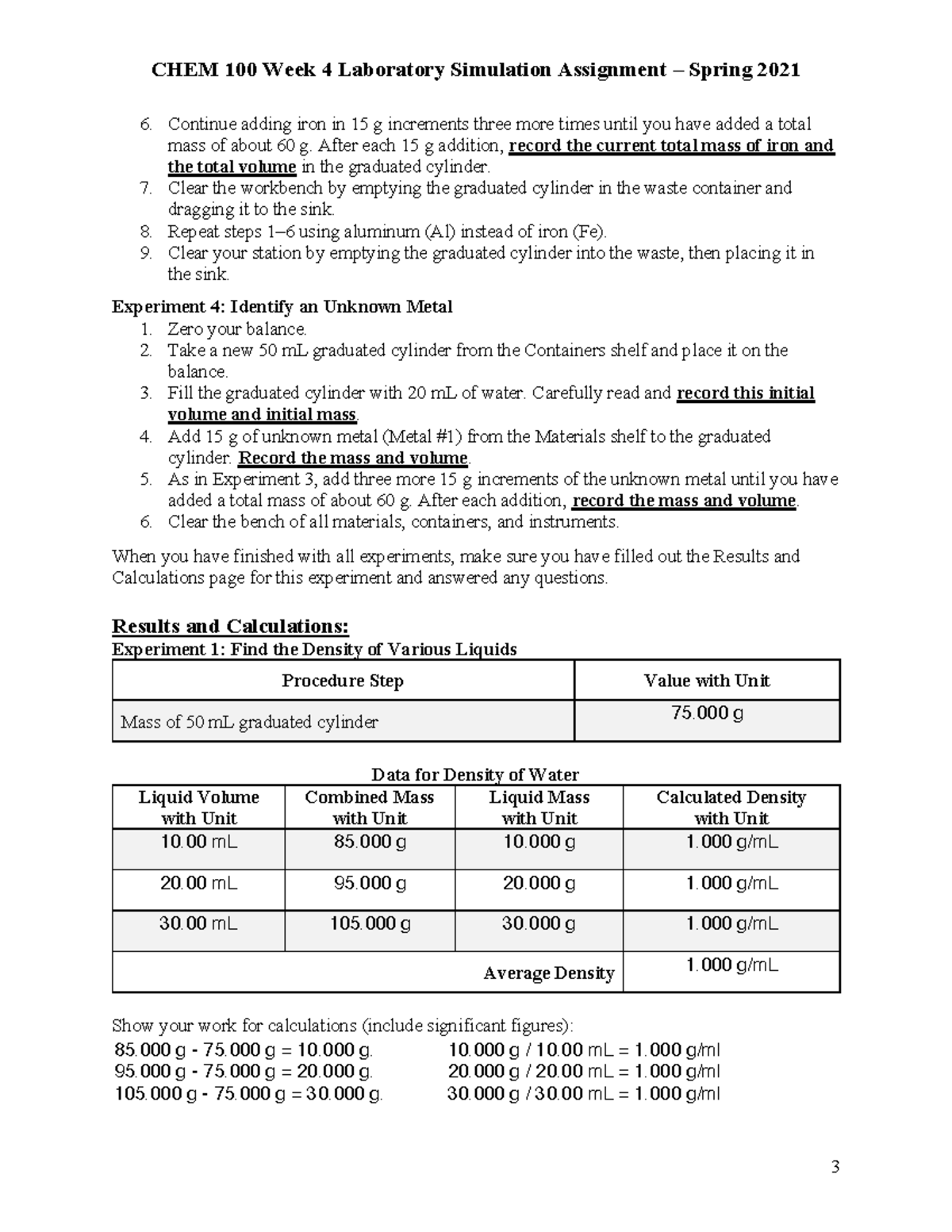 Density Simulation Worksheet Fillable 2 - CHEM 100 Week 4 Laboratory ...