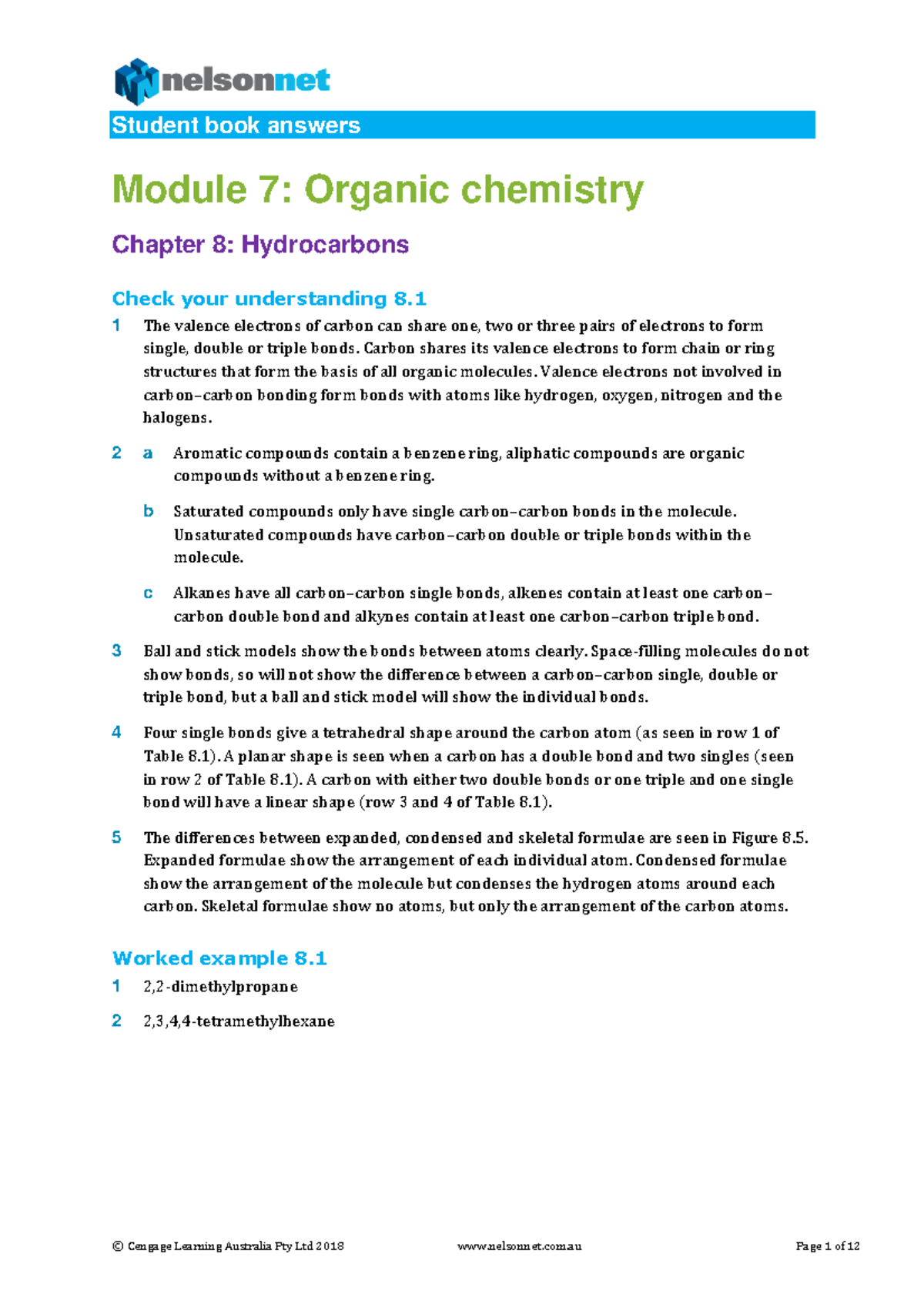 Chapter 8 Worked Solutions - Student book answers Module 7: Organic chemistry Chapter 8: - Studocu