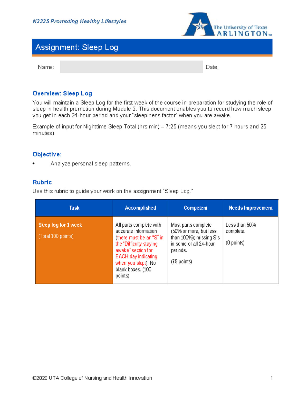 Sleep Log Assignment - N3335 Promoting Healthy Lifestyles Name: Date ...