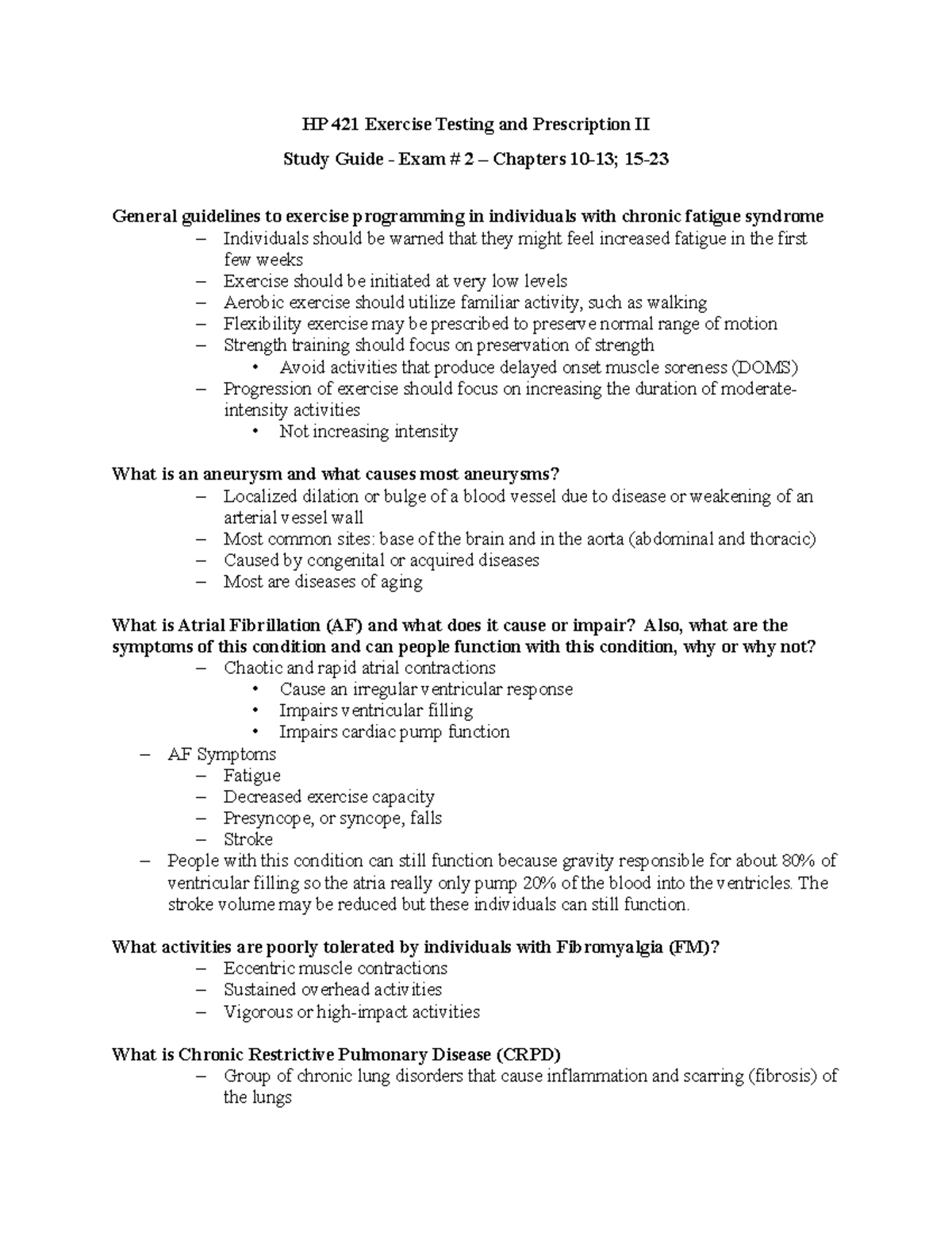 Exercise Testing 2 - Exam 2 Study Guide - HP 421 Exercise Testing and ...