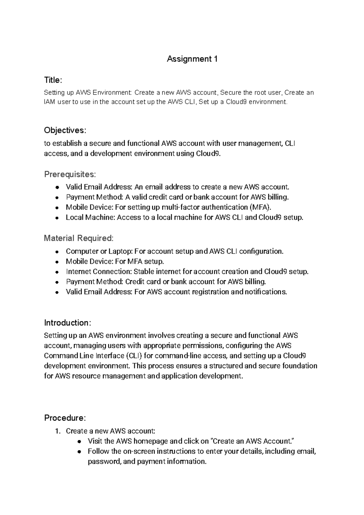 Cloud Mini Project Assignment 1 - Assignment 1 Title: Setting up AWS Environment: Create a new ...