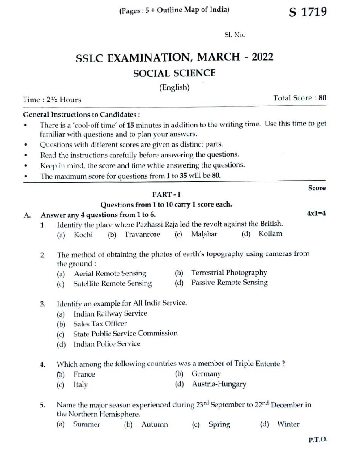 Kerala SSLC Annual Exam Social Science Question Paper 2022 (Eng Med) - (Pages:5 +Outline Map of ...