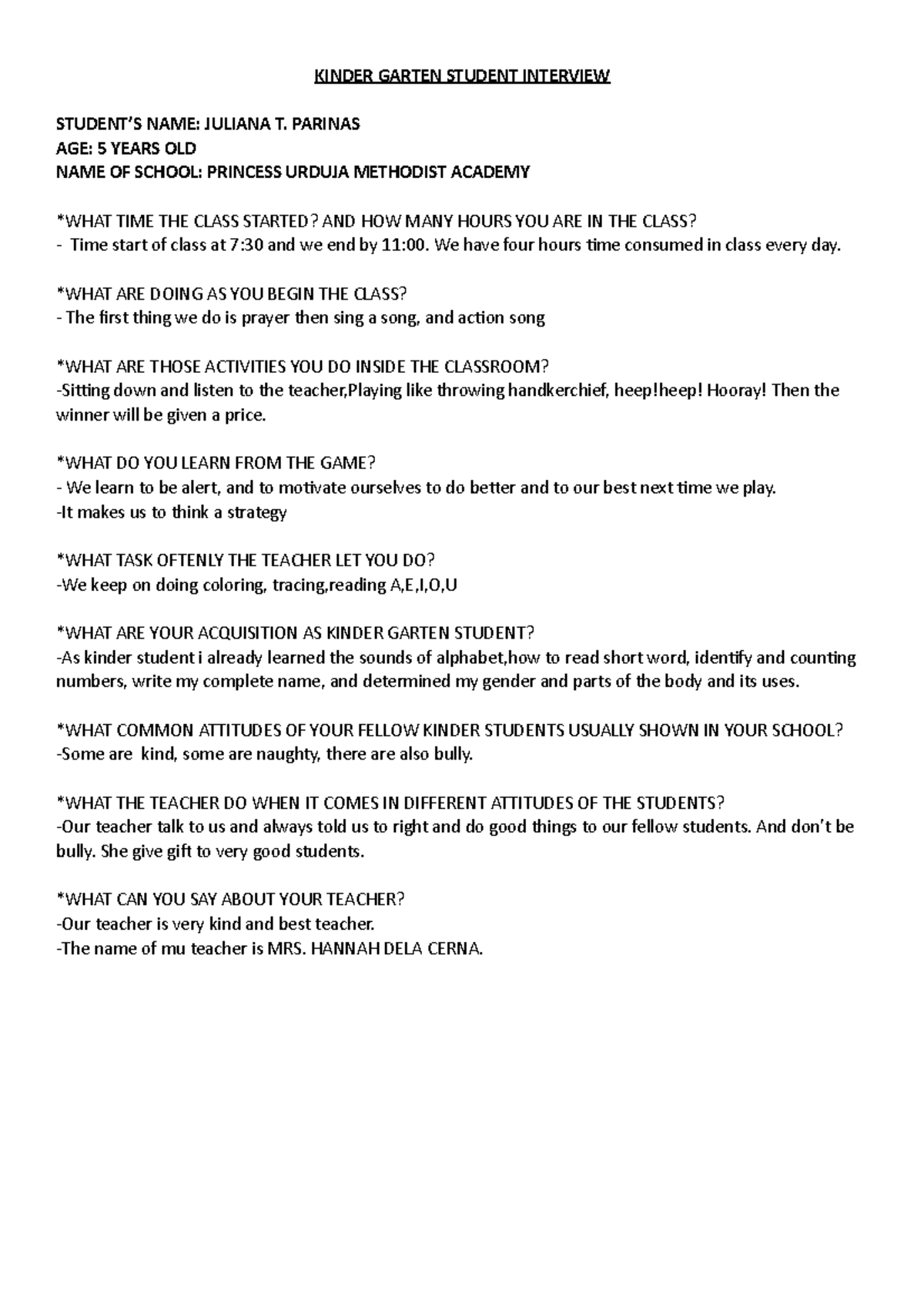 Kinder Garten Student Interview - KINDER GARTEN STUDENT INTERVIEW ...