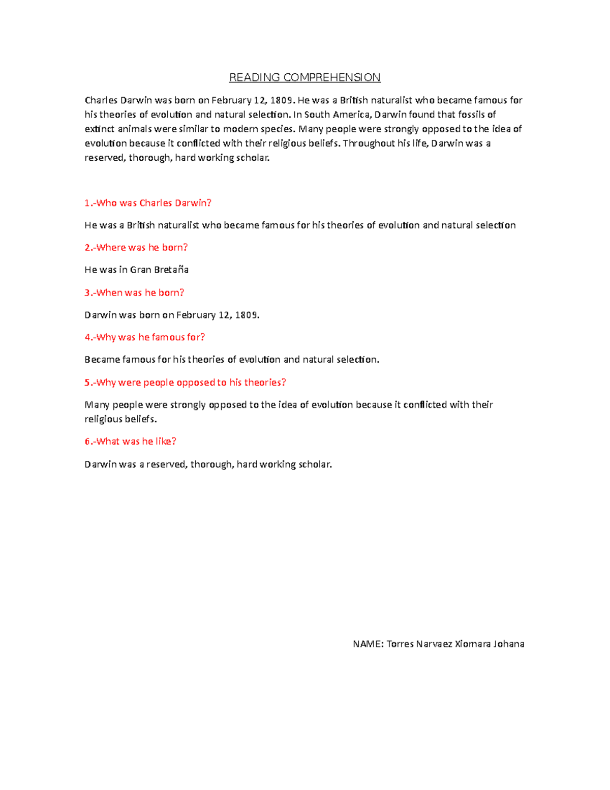 Reading Comprehension - READING COMPREHENSION Charles Darwin was born ...