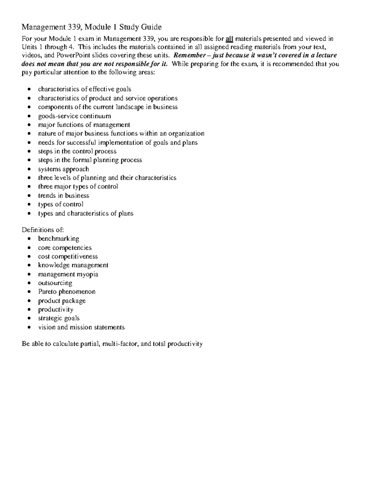 Learning Module 1 Study Guide - Management 339, Module 1 Study Guide ...