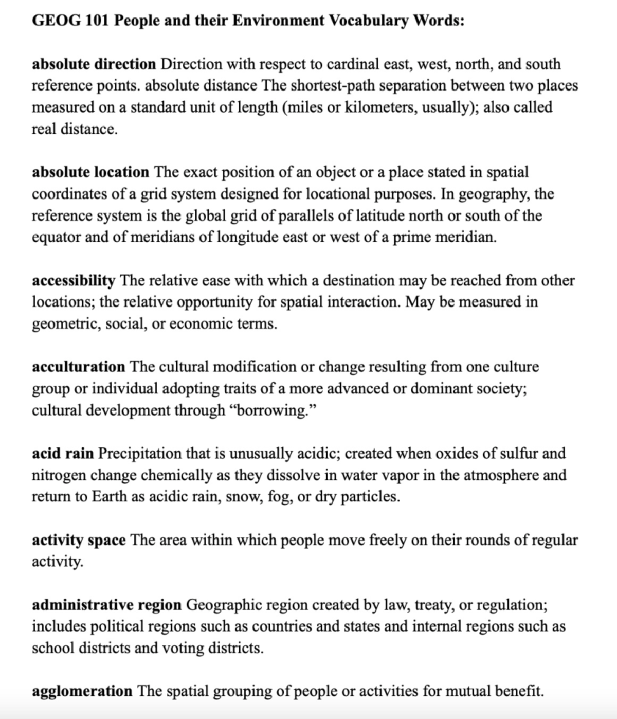 GEOG 101 People and their Environment Vocabulary Words #1 - GEOG 101 ...