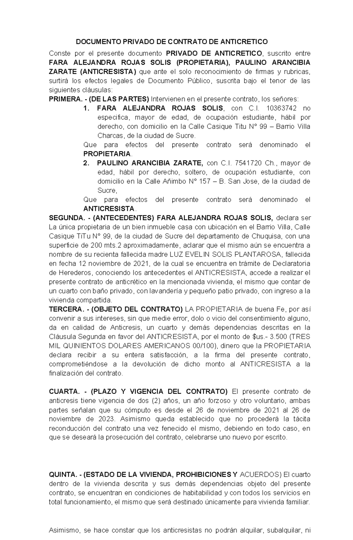 Contrato de anticretico de un departamento - DOCUMENTO PRIVADO DE ...