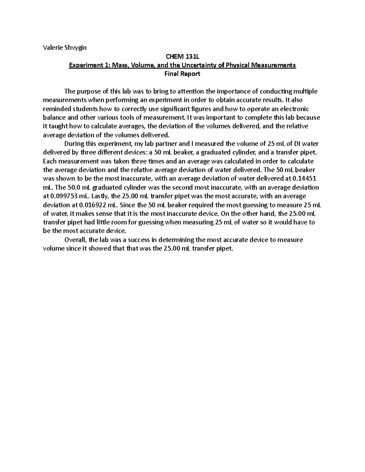 Lab 1 - Complete lab report for General Chemistry I Laboratory titled ...