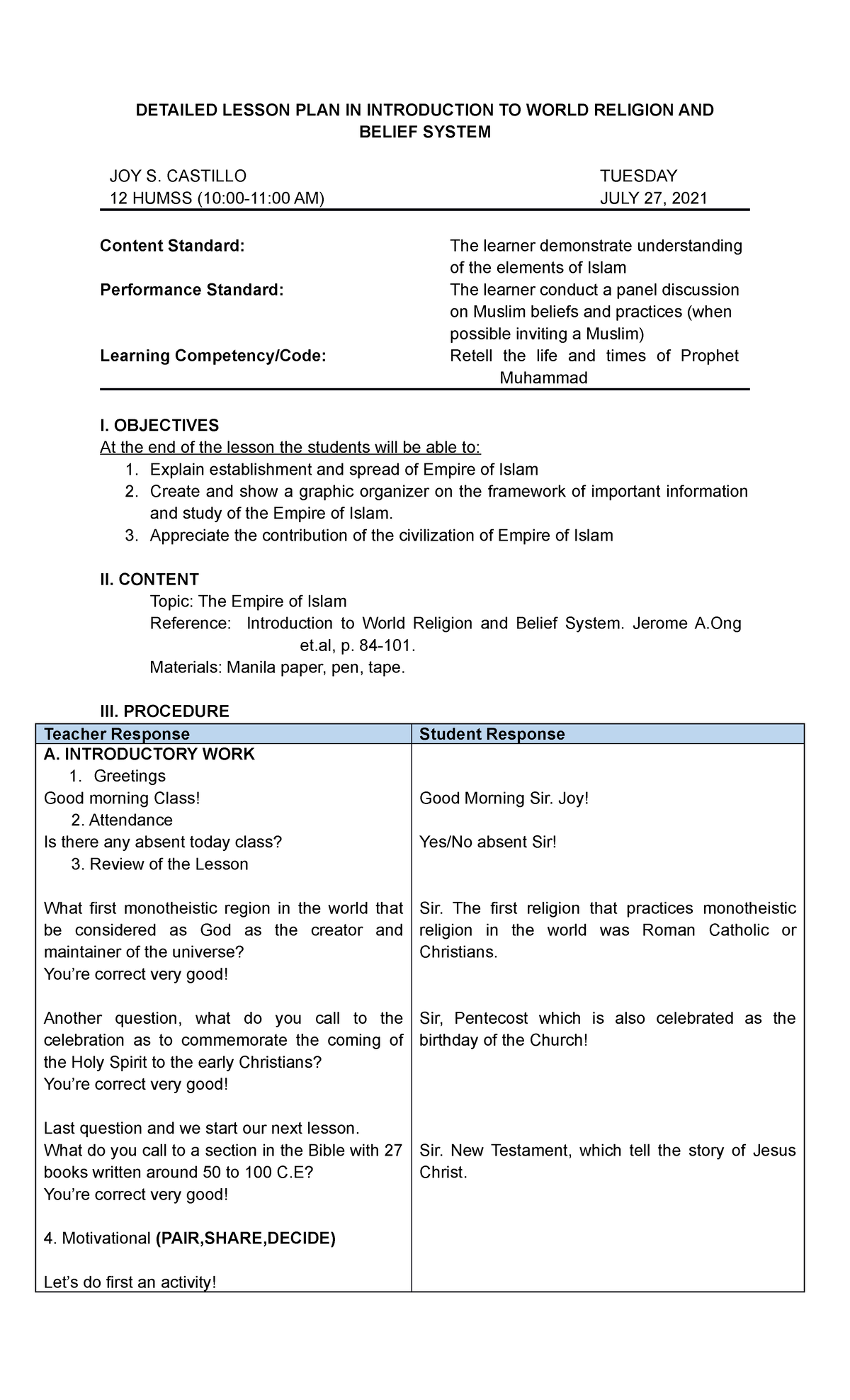 Detailed Lesson PLAN IN Introduction TO World Religion AND - DETAILED ...
