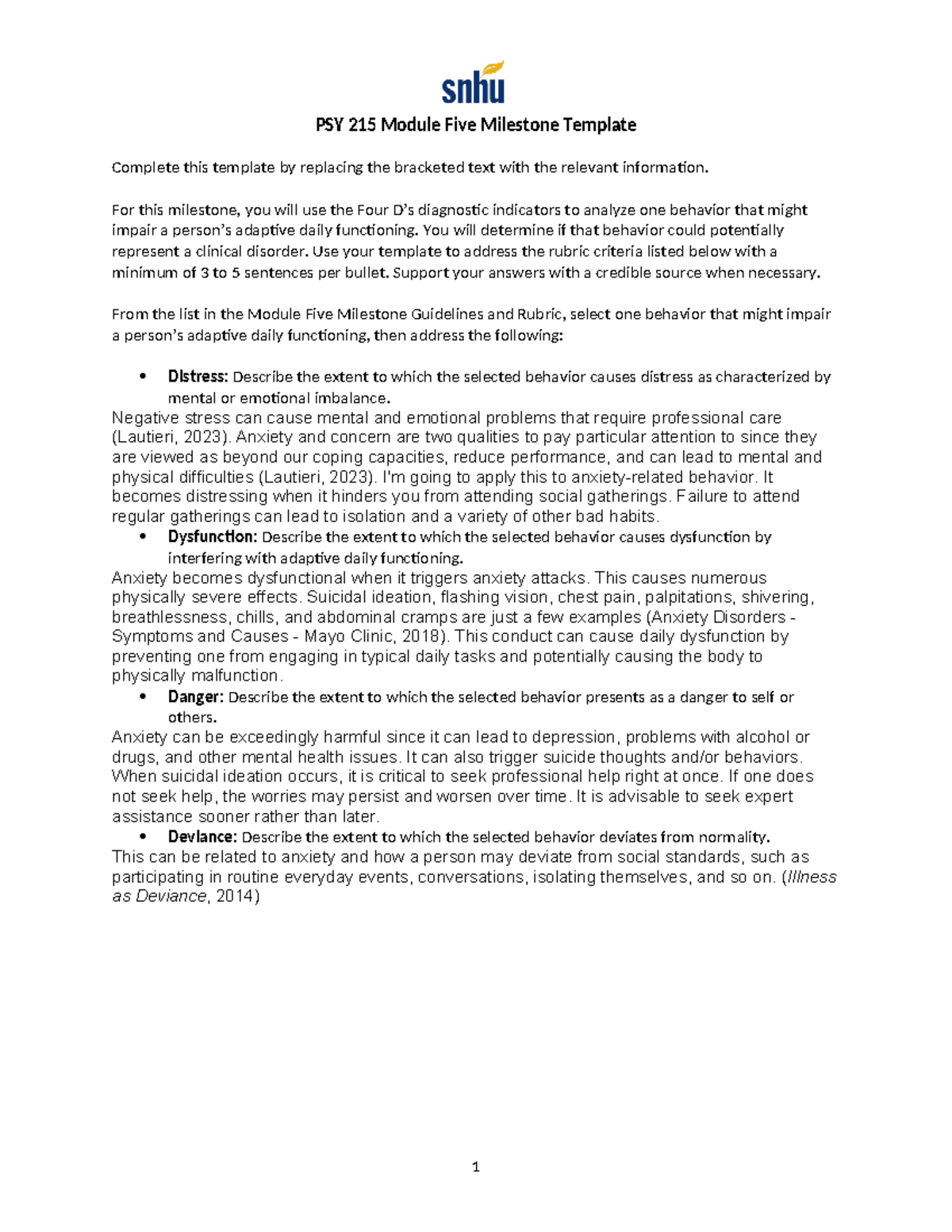 PSY 215 Module Five - Journals - PSY 215 Module Five Milestone Template ...