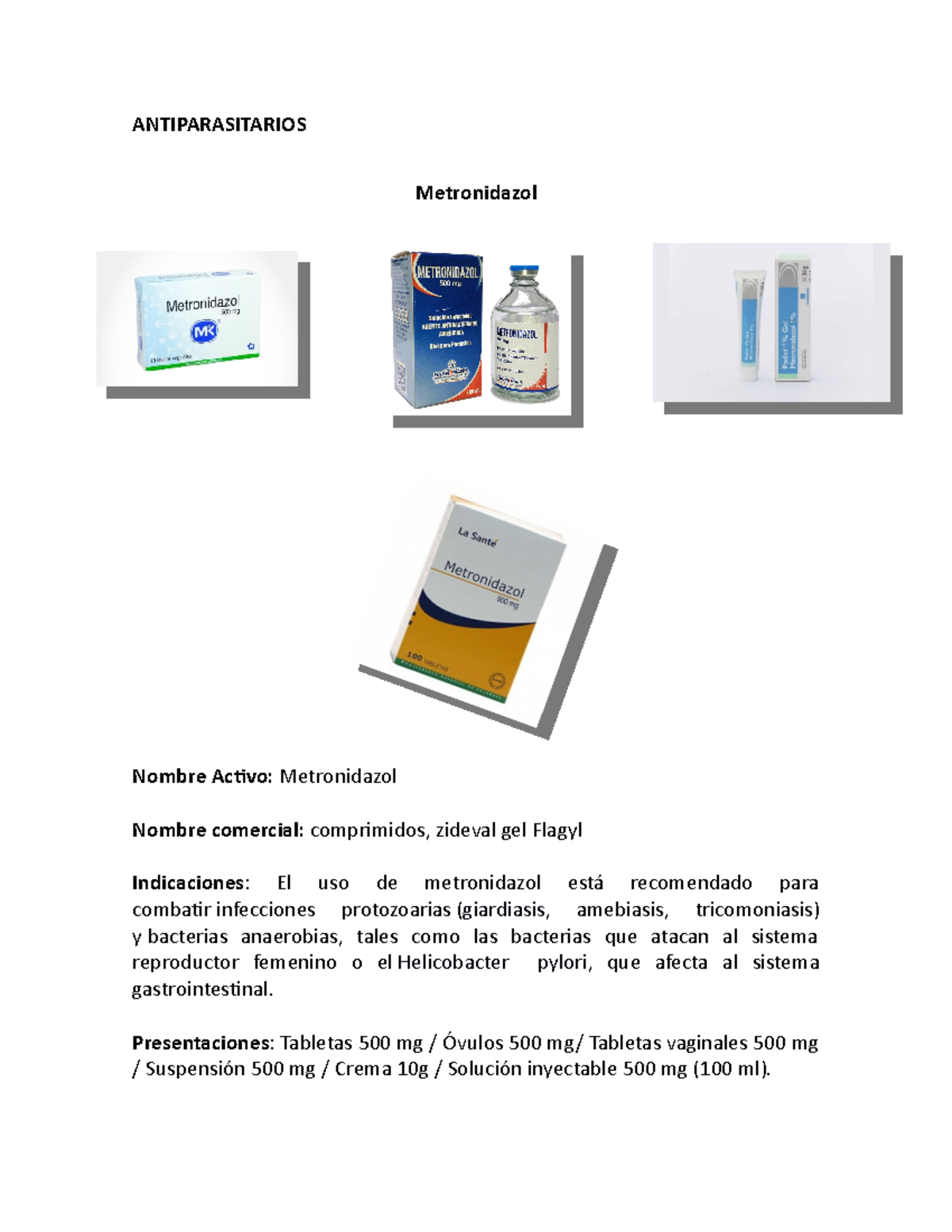 Antiparasitarios vademecum - ANTIPARASITARIOS Metronidazol Nombre ...