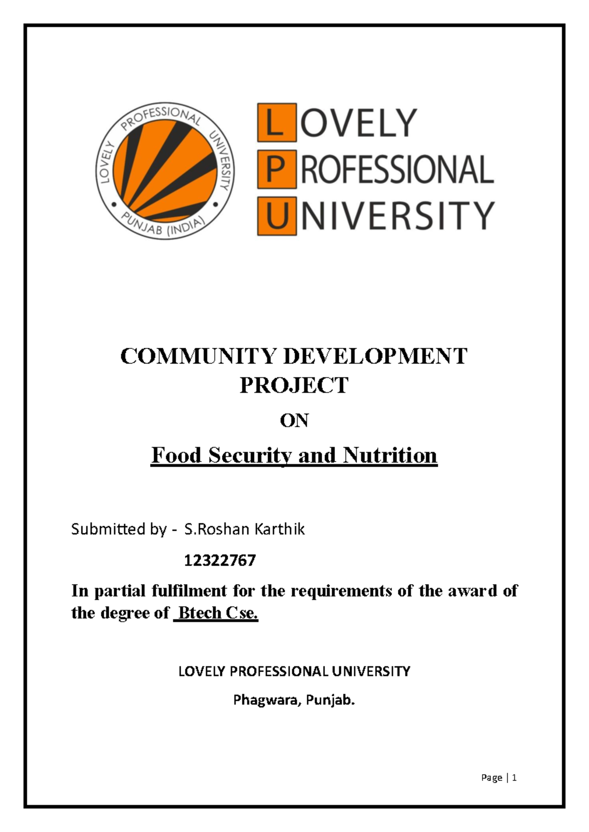 GEN 231 demo pdf - COMMUNITY DEVELOPMENT PROJECT ON Food Security and Nutrition Submitted by - S ...