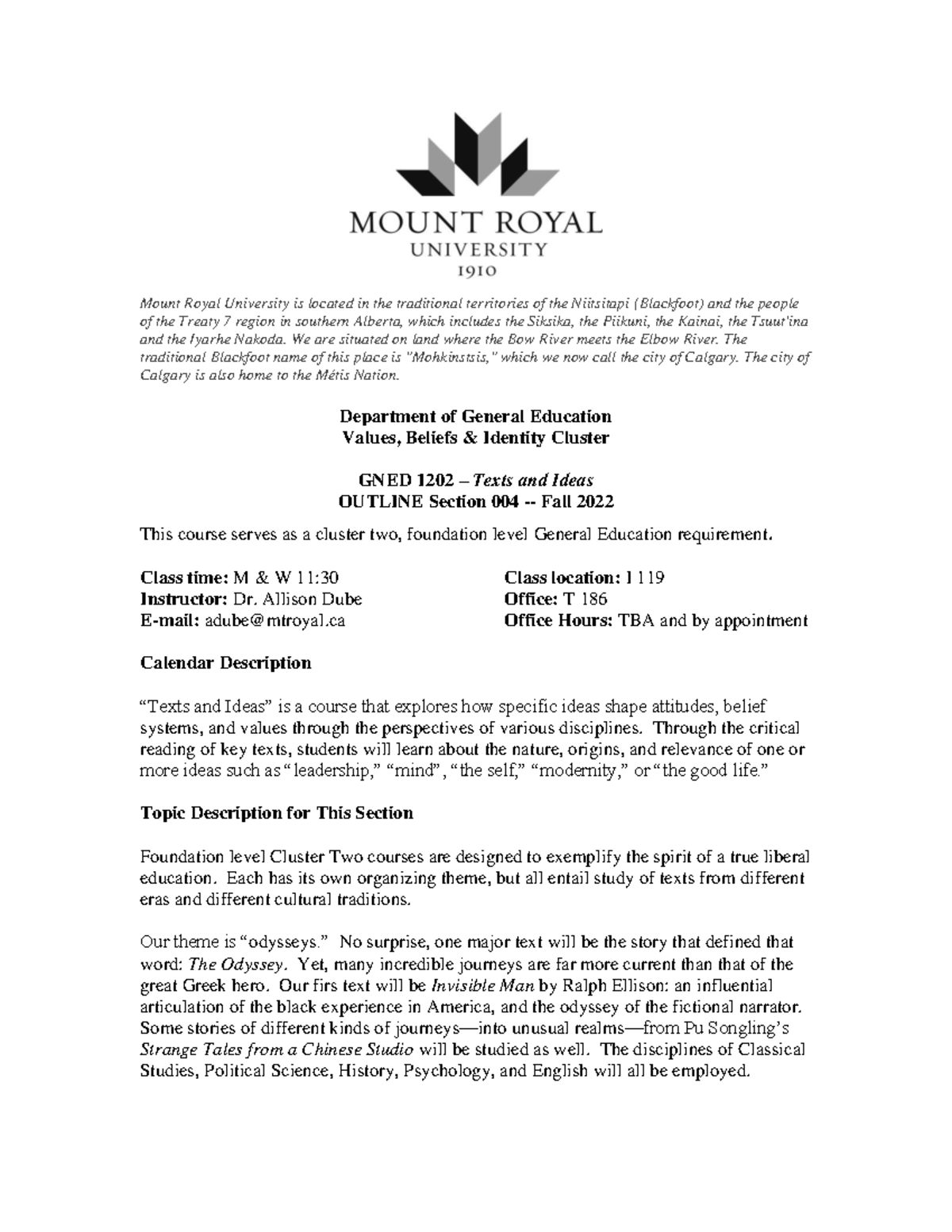F22sec4Outline 1202 - course outline/Allison Dube - Mount Royal ...
