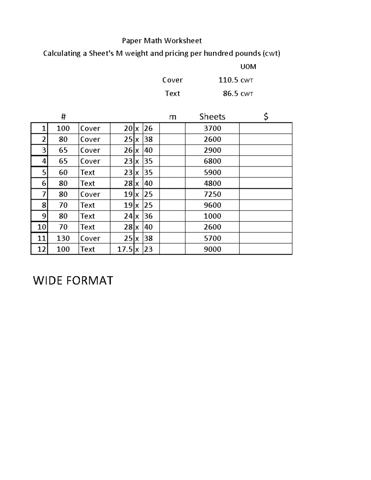 Paper Math Questions Groups Wide Format - UOM Cover 110 CWT Text 86 CWT ...