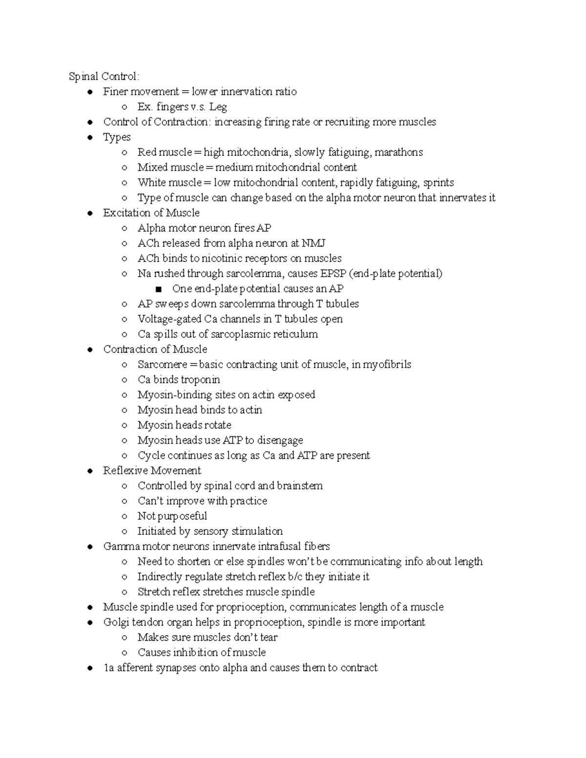 Test 3 Review - Prof. Leslie Smith - Spinal Control: Finer movement ...