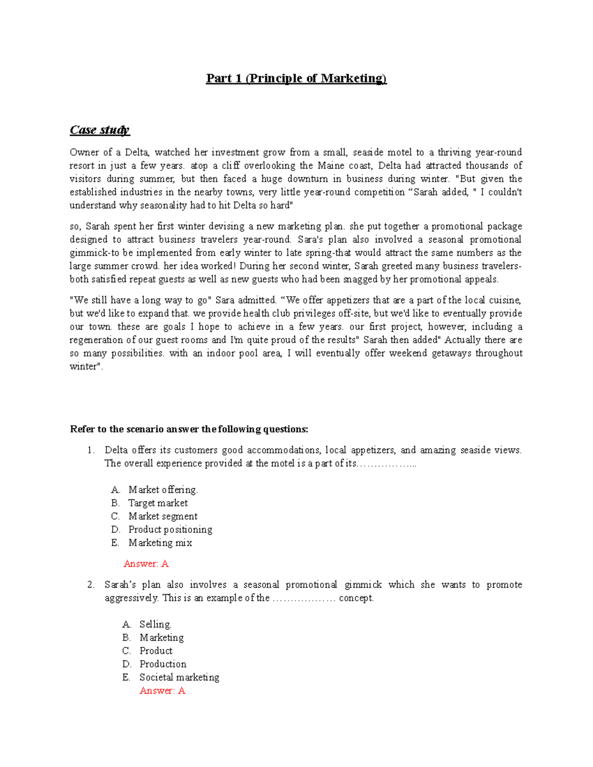 Introduction to Marketing part1 questions 2 - Part 1 (Principle of ...